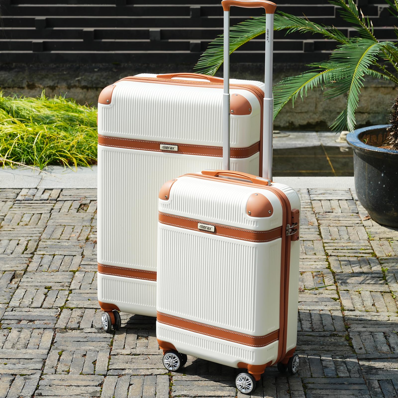 Merax Hardside Rugged Travel Suitcase Luggage with 8 Spinner Wheels, Collision-Protection Angle, 3-Piece Set, TSA Lock, Expandable, Carry-On Luggage (20/24/28,White)