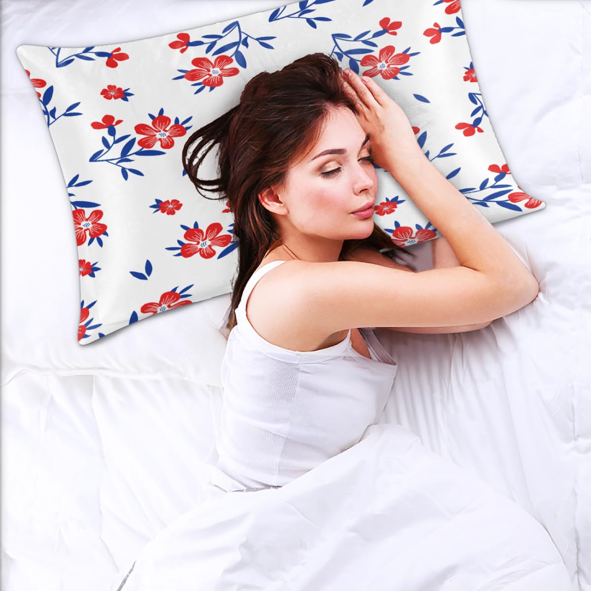 Red Floral Flower Satin Pillow Cases Silk Satin Pillowcase for Hair and Skin Standard Set of 2 Super Soft Silk Pillowcase with Envelope Closure (20x26 in)