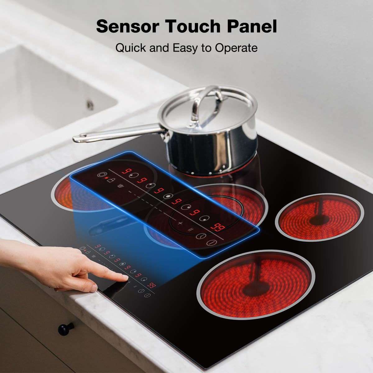 ThermoMate 30 Inch Electric Cooktop 5 Burners, 30" Built in Radiant Electric Stove Top, 8200W Ceramic Cooktop with Touch Control, 9 Heating Level, Chlid Lock & Timer, 220-240V Hard Wire ETL Listed