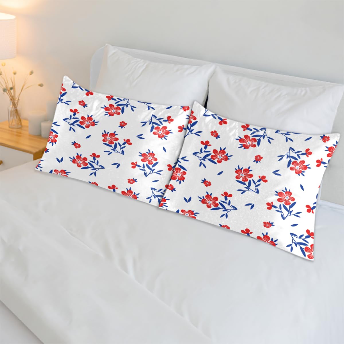 Red Floral Flower Satin Pillow Cases Silk Satin Pillowcase for Hair and Skin Standard Set of 2 Super Soft Silk Pillowcase with Envelope Closure (20x26 in)