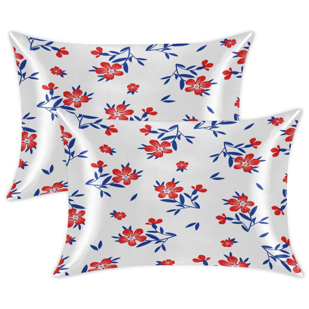 Red Floral Flower Satin Pillow Cases Silk Satin Pillowcase for Hair and Skin Standard Set of 2 Super Soft Silk Pillowcase with Envelope Closure (20x26 in)