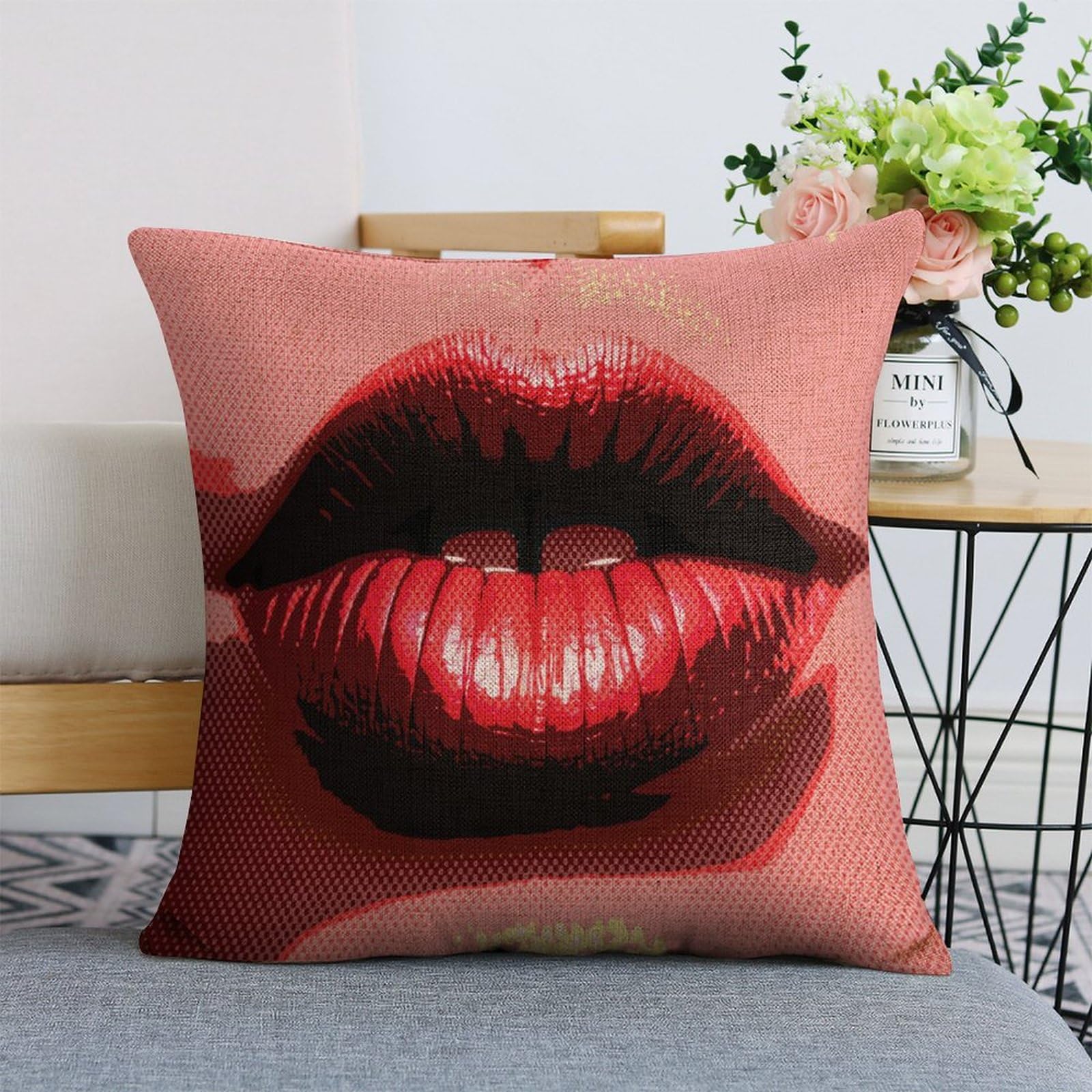 JOJOART Women's Red Lips Throw Pillow Covers 18×18 Pillowcases Set of 1 Pop Art Style Linen Decorative Square Pillow Case Cushion Covers Standard Size for Sofa Couch Outdoor Bed Pillow Protectors