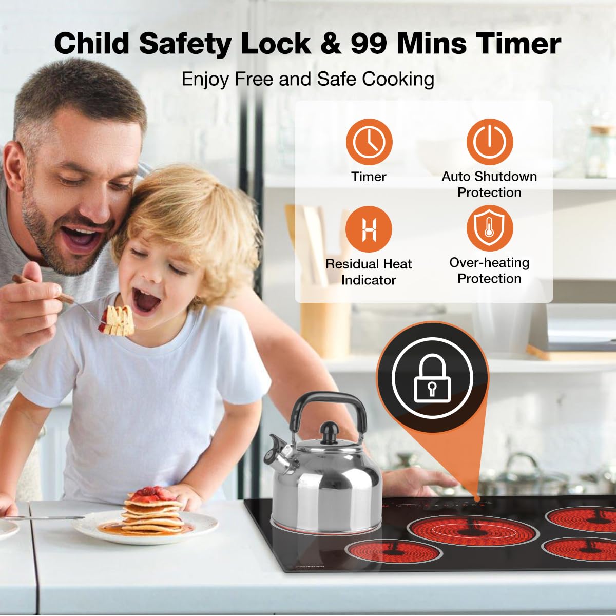 ThermoMate 30 Inch Electric Cooktop 5 Burners, 30" Built in Radiant Electric Stove Top, 8200W Ceramic Cooktop with Touch Control, 9 Heating Level, Chlid Lock & Timer, 220-240V Hard Wire ETL Listed