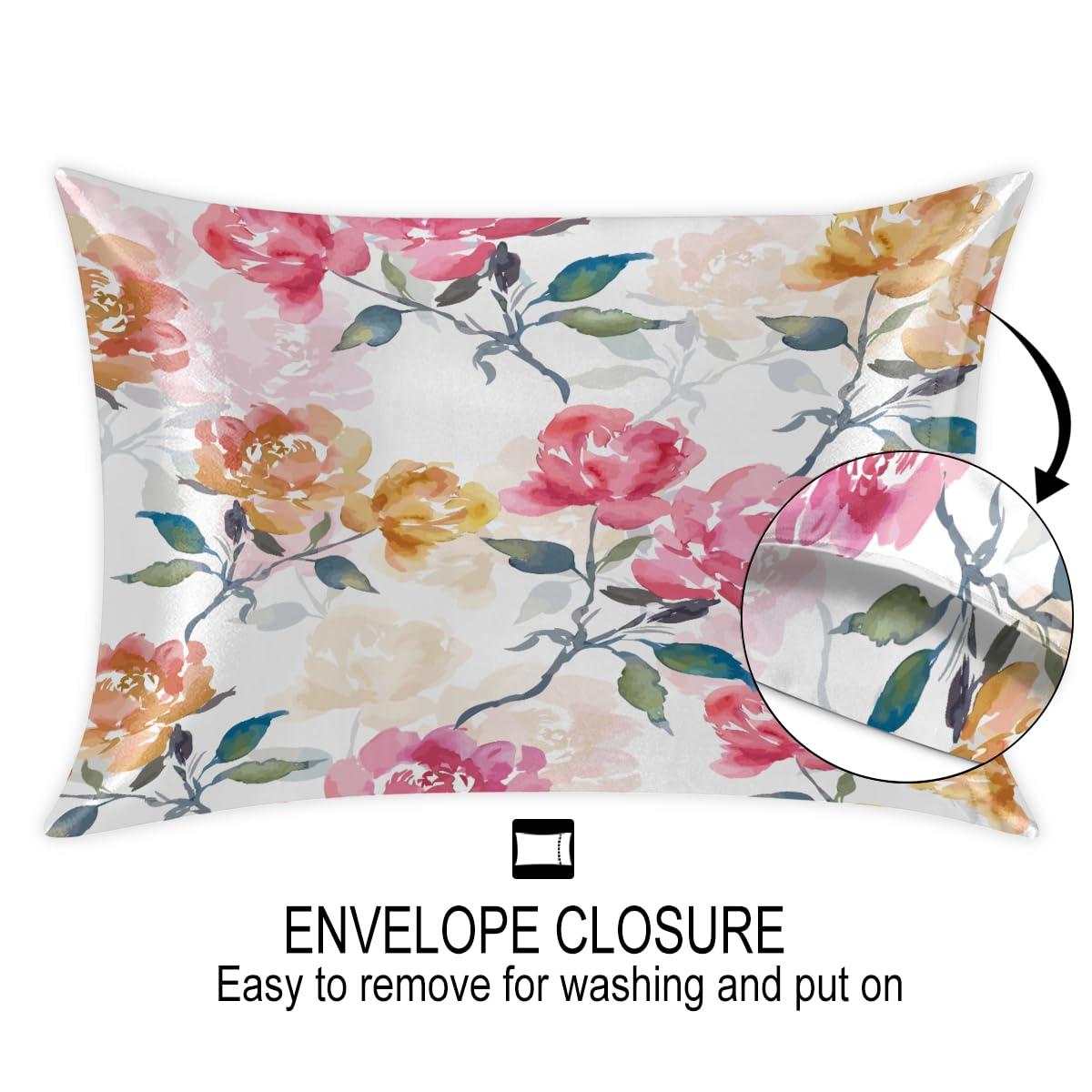 Flower Peony Satin Pillow Cases Silk Satin Pillowcase for Hair and Skin Standard Set of 2 Super Soft Silk Pillowcase with Envelope Closure (20x26 in)