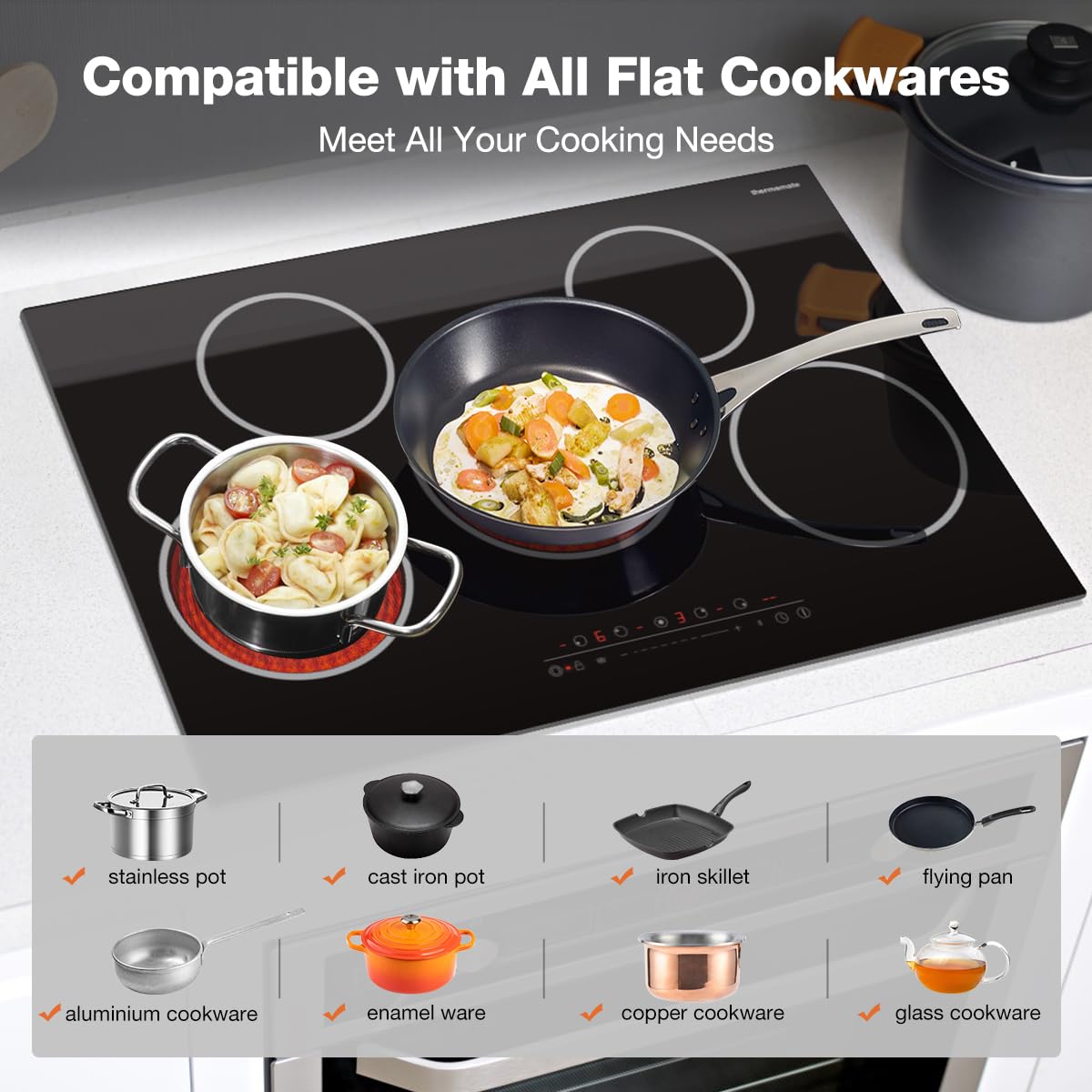 ThermoMate 30 Inch Electric Cooktop 5 Burners, 30" Built in Radiant Electric Stove Top, 8200W Ceramic Cooktop with Touch Control, 9 Heating Level, Chlid Lock & Timer, 220-240V Hard Wire ETL Listed