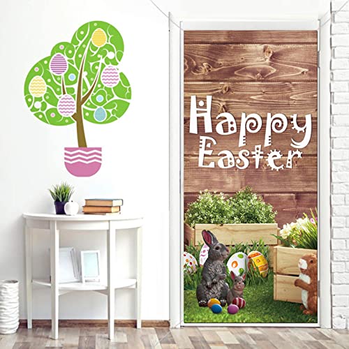 ZDX Happy Easter Door Banner Rustic Wooden Floor Banner Spring Bunny Egg Flower Rustic Farmhouse Easter Party Backdrops Door Banner