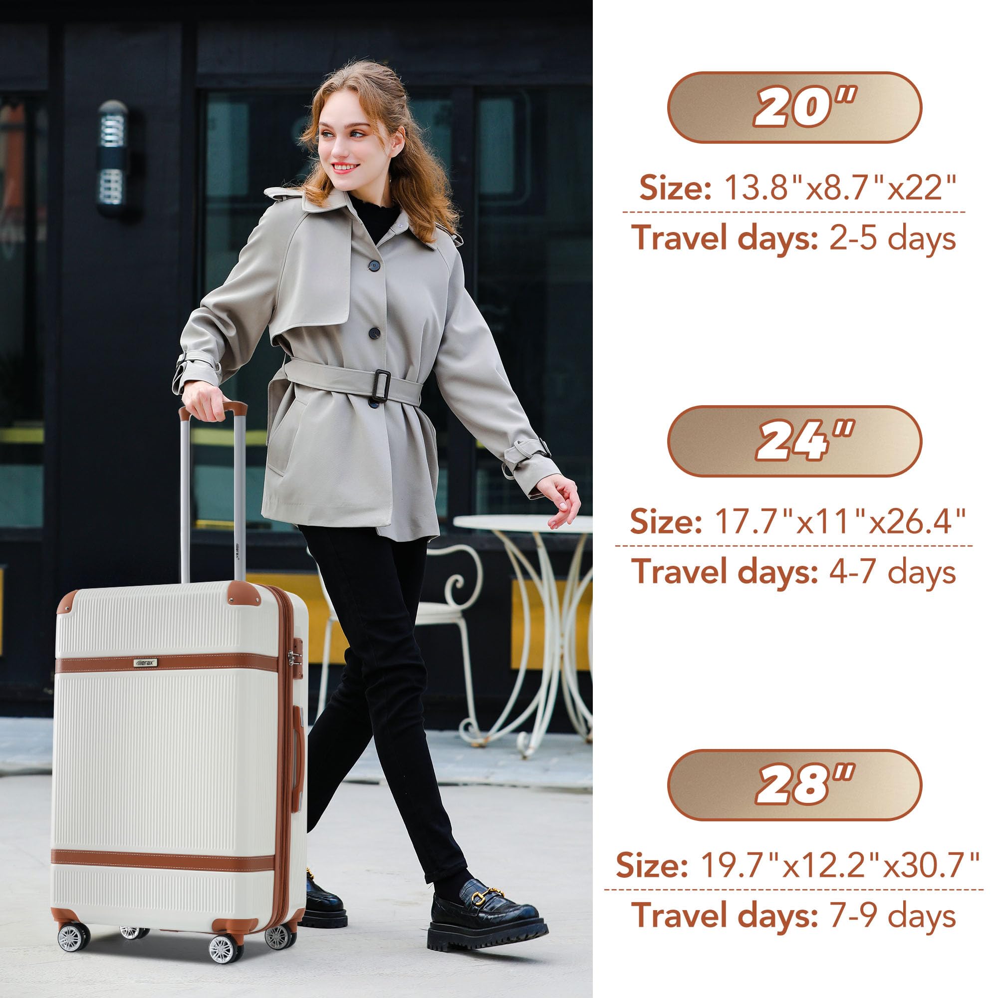 Merax Hardside Rugged Travel Suitcase Luggage with 8 Spinner Wheels, Collision-Protection Angle, 3-Piece Set, TSA Lock, Expandable, Carry-On Luggage (20/24/28,White)