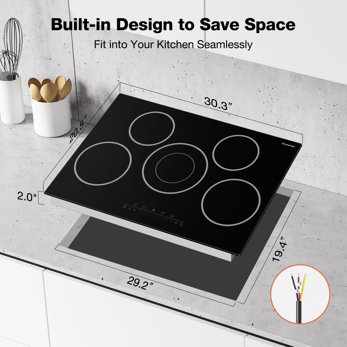 ThermoMate 30 Inch Electric Cooktop 5 Burners, 30" Built in Radiant Electric Stove Top, 8200W Ceramic Cooktop with Touch Control, 9 Heating Level, Chlid Lock & Timer, 220-240V Hard Wire ETL Listed