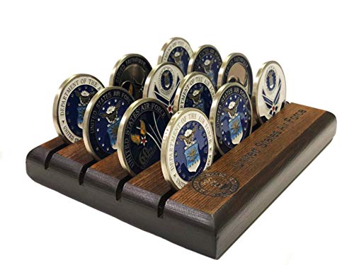 DECOMIL 4 Rows Coin Holder, US Army-Navy-Air Force-Marine Military Collectible Challenge Coin Display Case Wood Stand, Holds 12-16 Coins (Air Force)