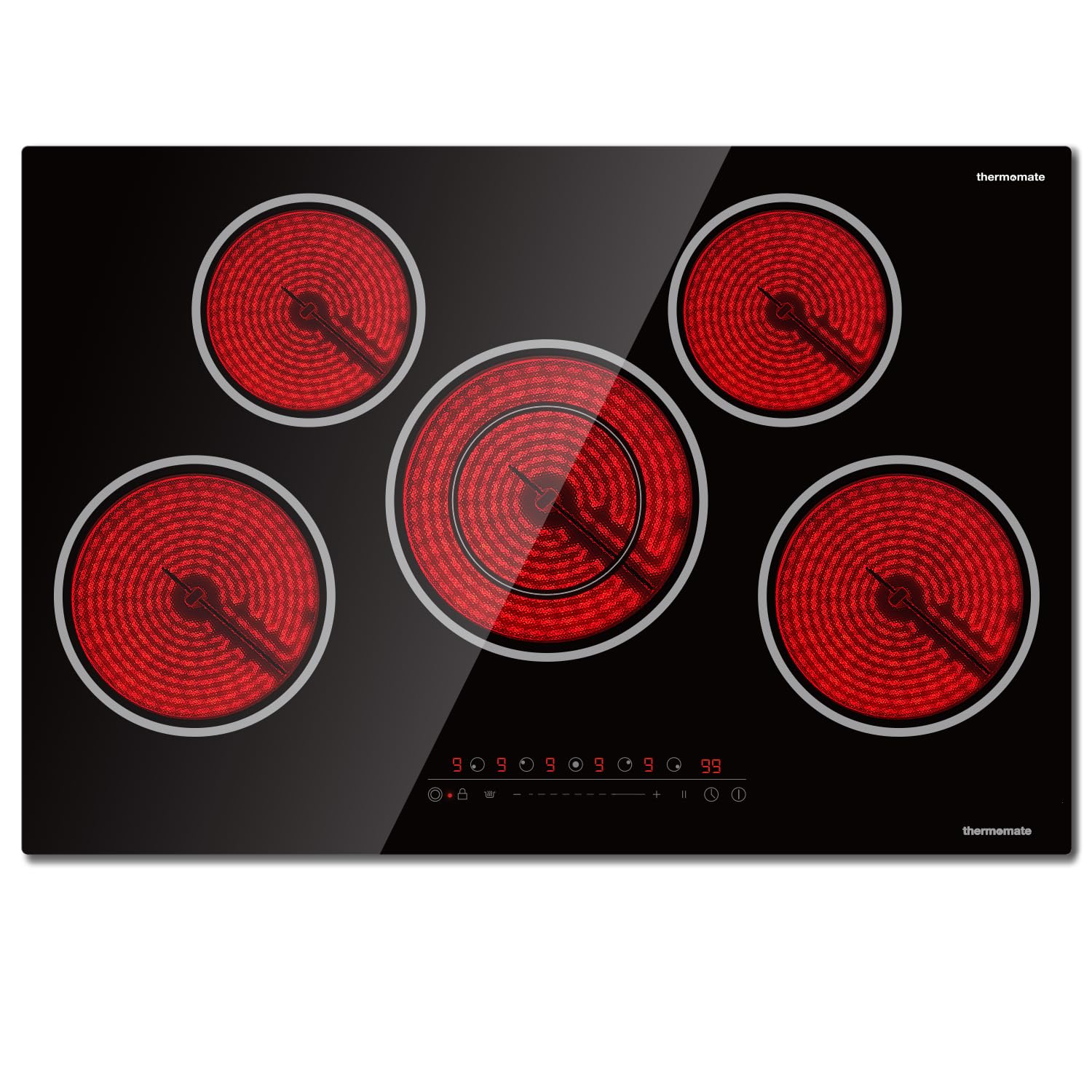 ThermoMate 30 Inch Electric Cooktop 5 Burners, 30" Built in Radiant Electric Stove Top, 8200W Ceramic Cooktop with Touch Control, 9 Heating Level, Chlid Lock & Timer, 220-240V Hard Wire ETL Listed
