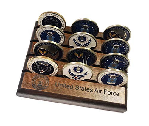 DECOMIL 4 Rows Coin Holder, US Army-Navy-Air Force-Marine Military Collectible Challenge Coin Display Case Wood Stand, Holds 12-16 Coins (Air Force)