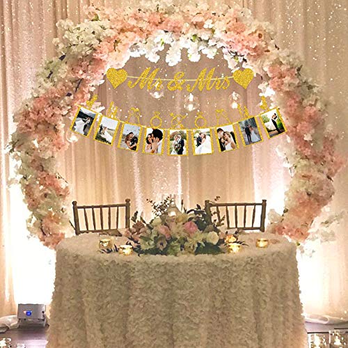 Wedding Decorations,Mr & Mrs Banner and Photo Banner with Picture Card Frames for Wedding/Engagement/Anniversary Party Decorations(Gold Glitter)