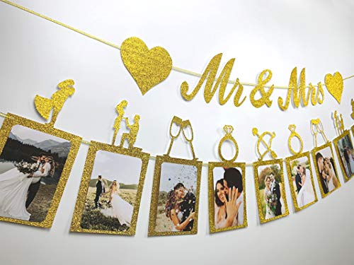 Wedding Decorations,Mr & Mrs Banner and Photo Banner with Picture Card Frames for Wedding/Engagement/Anniversary Party Decorations(Gold Glitter)