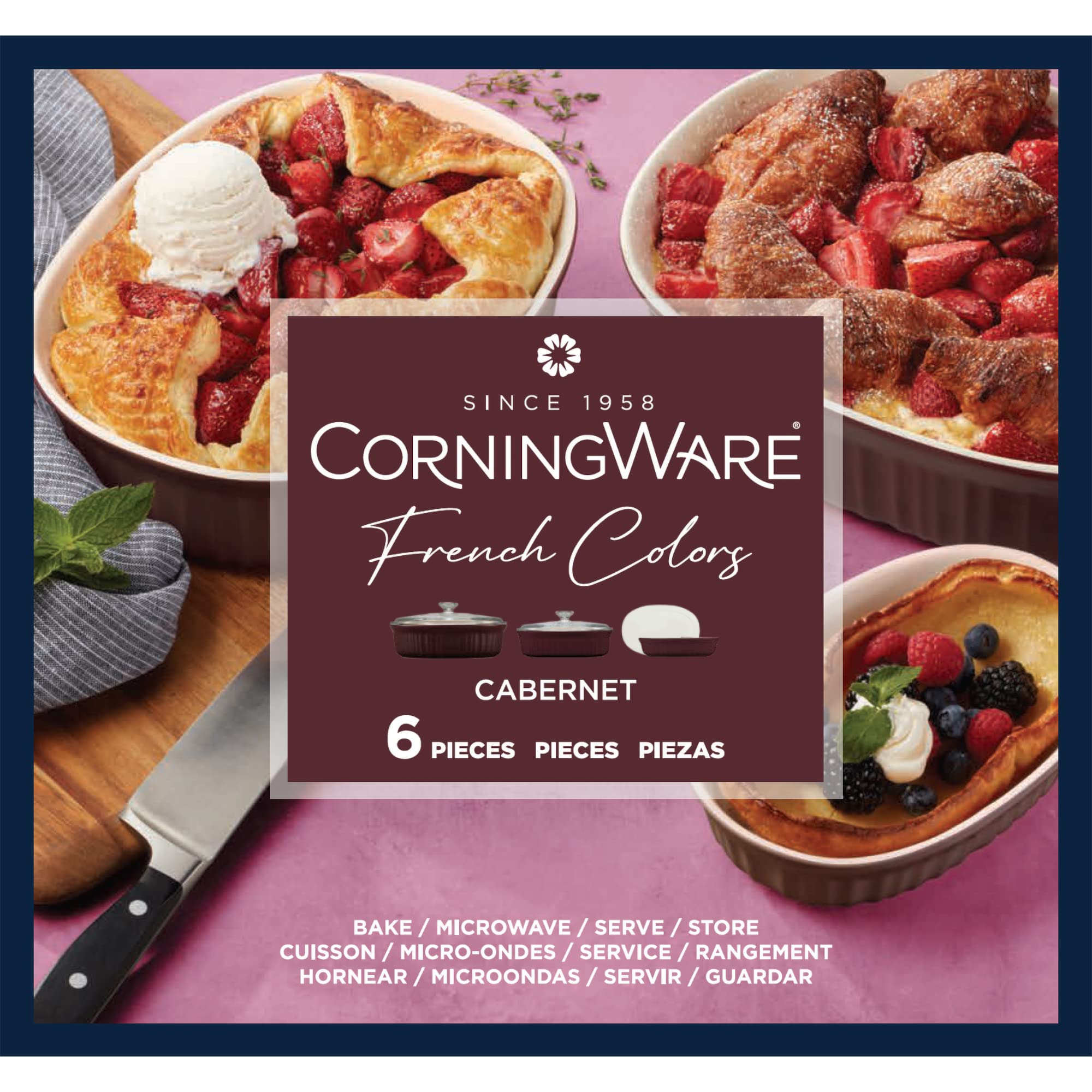 CorningWare Ceramic Bakeware Set with Lids, Chip and Crack Resistant Stoneware Baking Dish, Microwave, Dishwasher, Oven, Freezer and Fridge Safe, 6-Piece French Cabernet