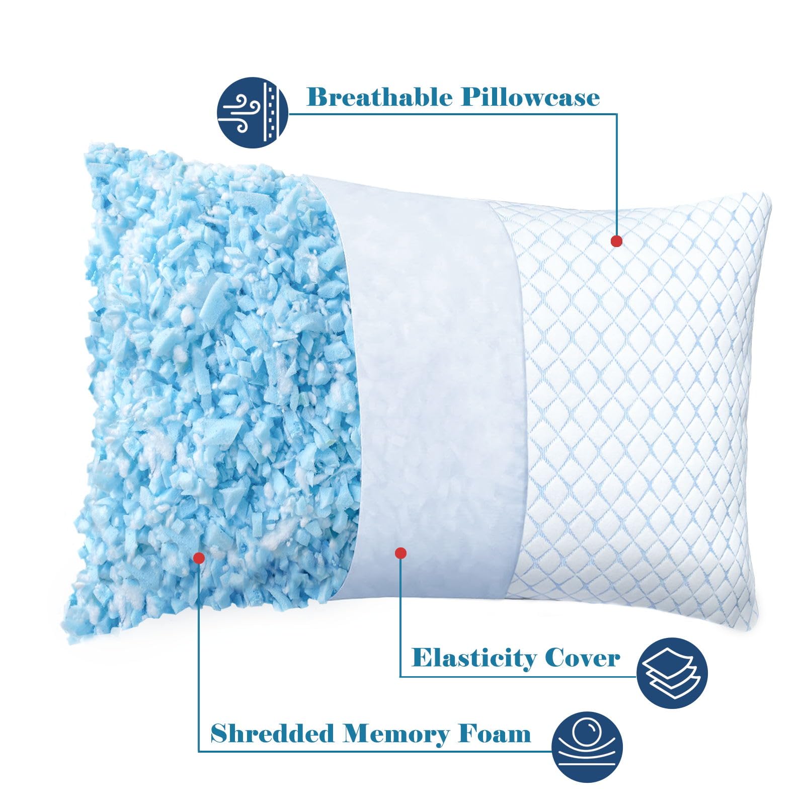 Shredded Memory Foam Pillows Standard/Queen Size Set of 2,Luxury Gel Cooling Bed Pillows 2 Pack for Stomach Back Side Sleeper,Pillows Adjustable Washable Removable Cover,with Extra Fill