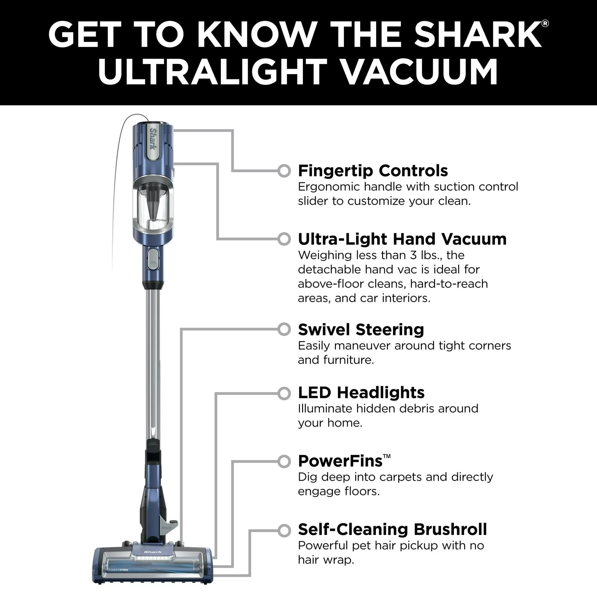 Shark HZ600 Ultralight Pet Pro Corded Stick Vacuum with PowerFins & Self-Cleaning Brushroll, Converts to Hand Vacuum, Pet Crevice & Upholstery Tools, Blue (Renewed)