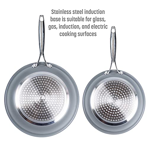 Goodful Ceramic Nonstick 2 Piece Frying Pan Set, 8 Inch and 9.5 Inch Skillets, Dishwasher Safe Pots and Pans, Comfort Grip Stainless Steel Handle, Made without PFOA, Gray