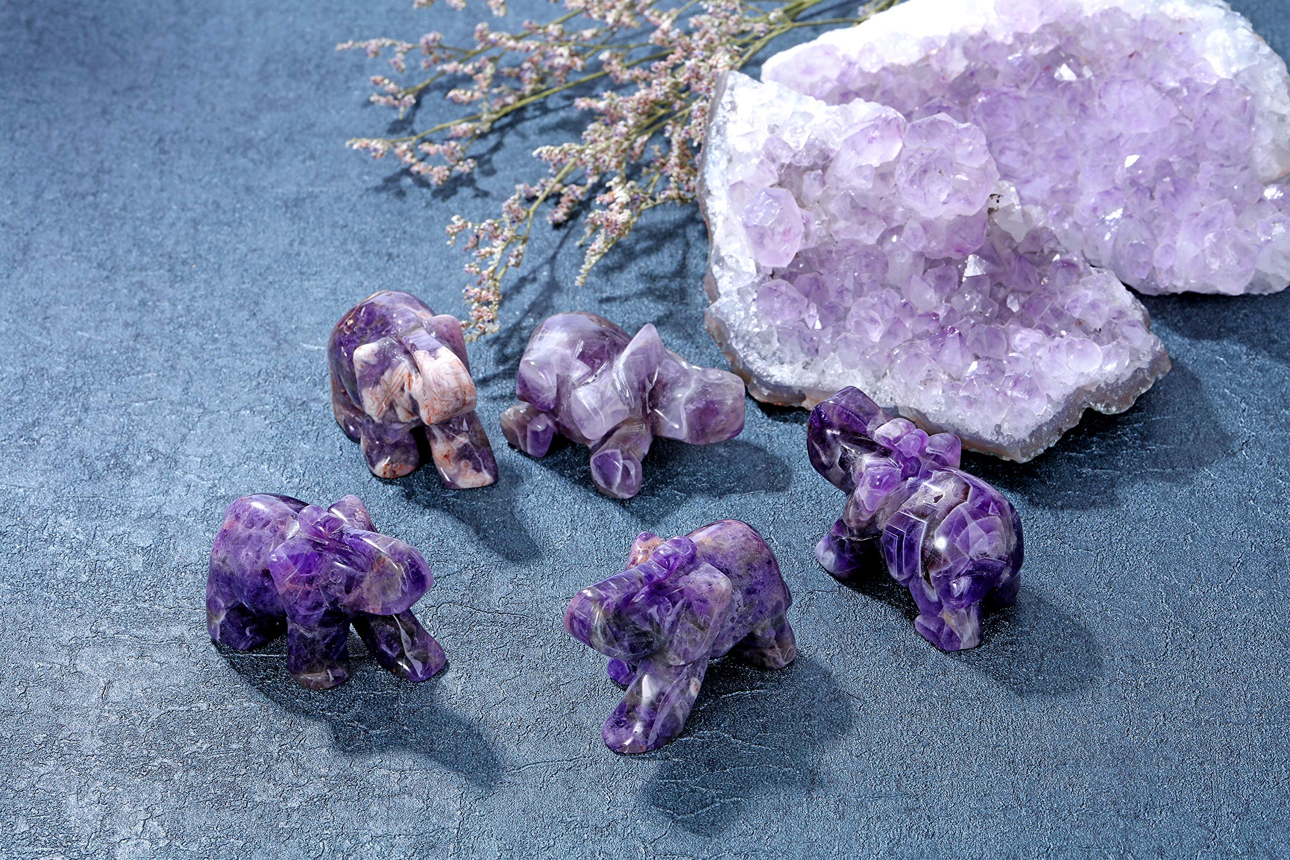 Top Plaza 2 Inches Amethyst Crystals Elephant Figurines Decor Reiki Healing Crystal Stone Crafts Statues Elephant Gifts Collectible Decor for Home Office Desk