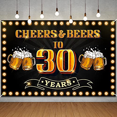 Cheers and Beers to 30 years Banner Backdrop Happy 30th Birthday Background for Men Women Photography Bday Anniversary Party Sign Decorations Supplies Black and Gold