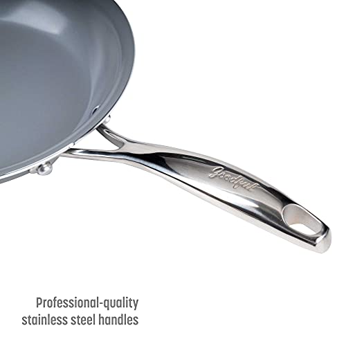 Goodful Ceramic Nonstick 2 Piece Frying Pan Set, 8 Inch and 9.5 Inch Skillets, Dishwasher Safe Pots and Pans, Comfort Grip Stainless Steel Handle, Made without PFOA, Gray