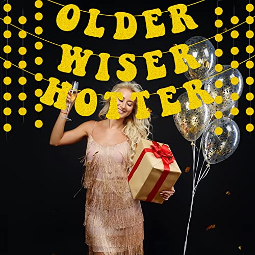 Older Wiser Hotter Banner Gold Glitter Funny Birthday Party Decorations 21th 30th 40th 50h 60th 70th 80th Birthday Party Disco HBD Party Photobooth Backdrop