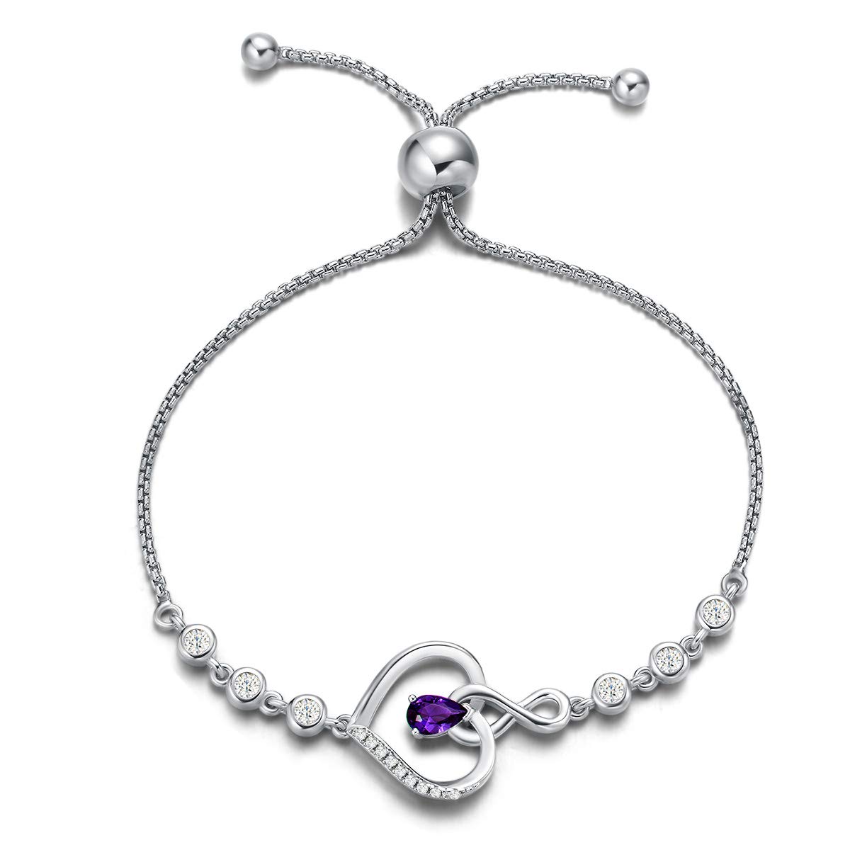 Agvana February Birthstone Jewelry Amethyst Bracelet for Women Sterling Silver Heart Tennis Bracelets Infinity Love Bolo Bracelet Anniversary Birthday Gifts for Women Wife Her