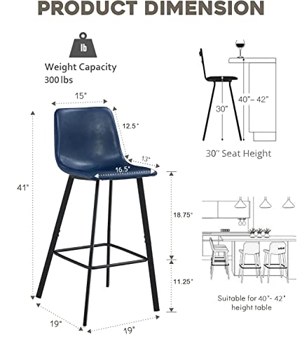 OUllUO Counter Bar Height Barstools with Back, 29 in PU Leather Bar Stools Set of 2, Upholstered Armless Tall Bar Stools for Kitchen Island, Cafe, Pub, Bistro, BS244, Navy Blue, 2Pcs