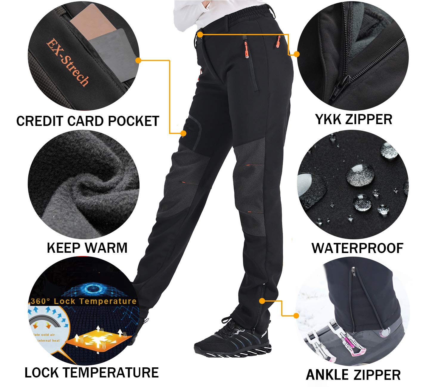 Postropaky Womens Outdoor Snow Ski Pants Waterproof Hiking Insulated Softshell Pants Snowboard Zipper Bottom Leg(Black2S)