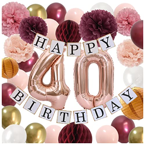40th Birthday Decorations for Women –Happy 40 Birthday Supplies in color Burgundy Rose gold for Womens with Assorted Paper lantern Pom flowers balloons Decor (Burgundy+Rose pink))