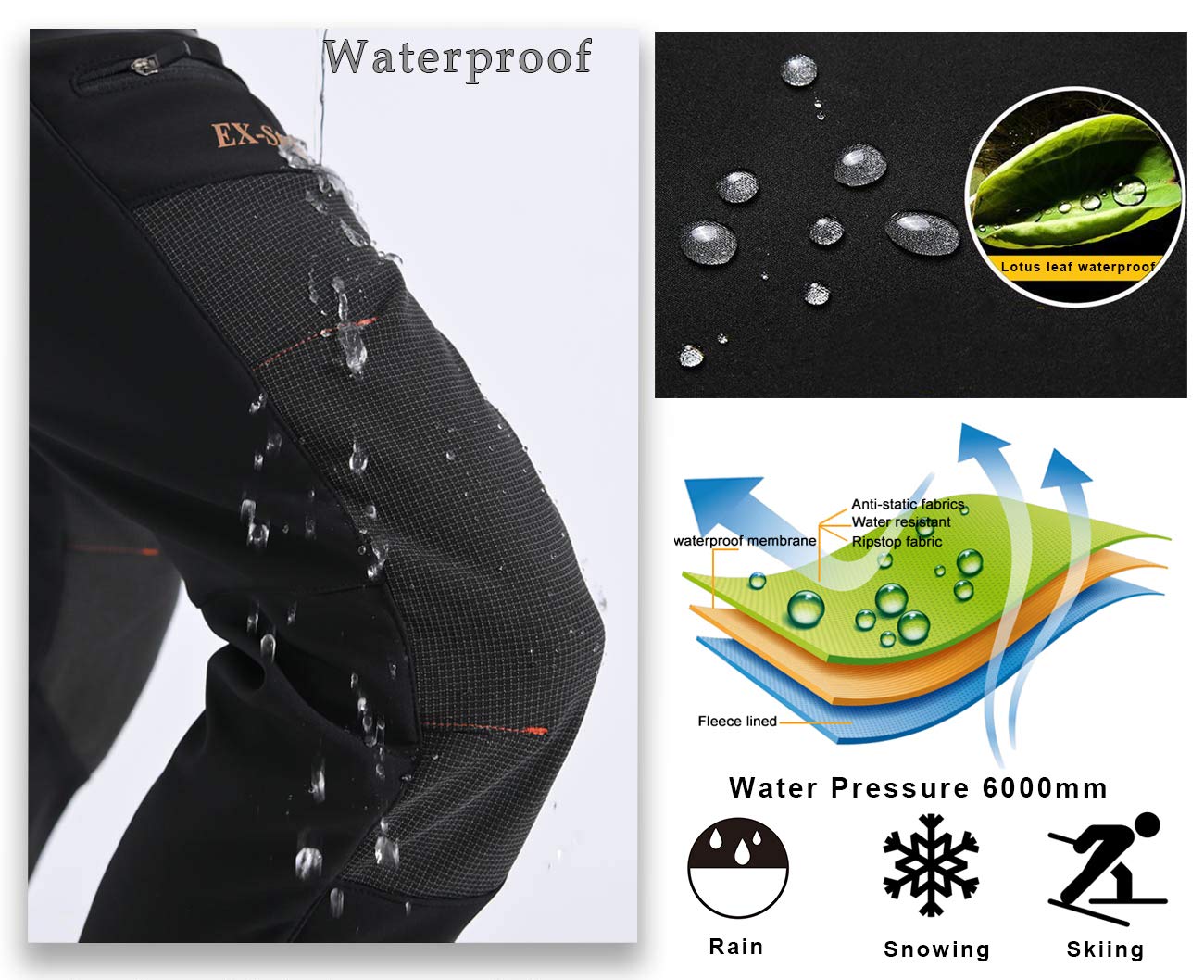 Postropaky Womens Outdoor Snow Ski Pants Waterproof Hiking Insulated Softshell Pants Snowboard Zipper Bottom Leg(Black2S)