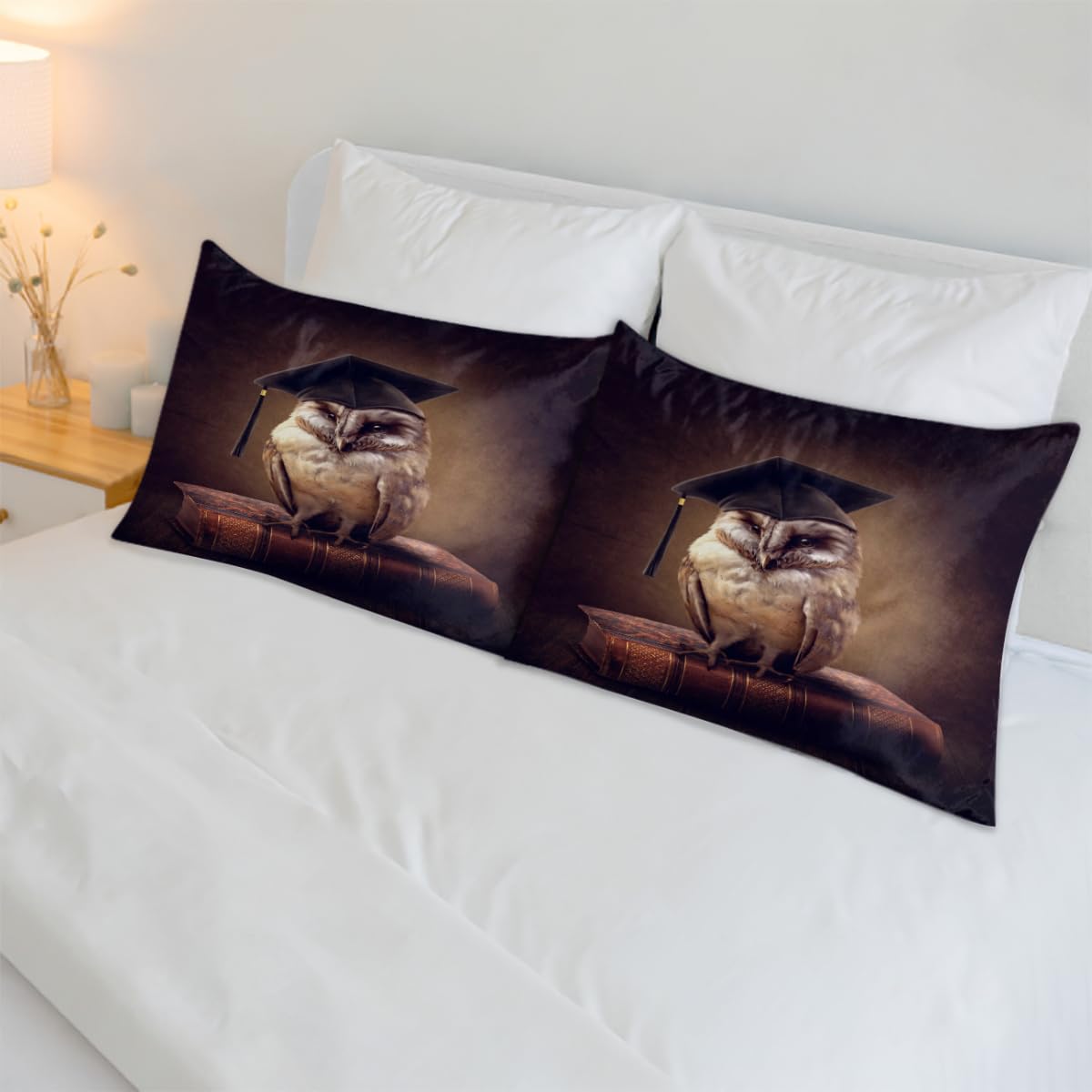Scholar Owl Bird Satin Pillow Cases Silk Satin Pillowcase for Hair and Skin Standard Set of 2 Super Soft Silk Pillowcase with Envelope Closure (20x26 in)