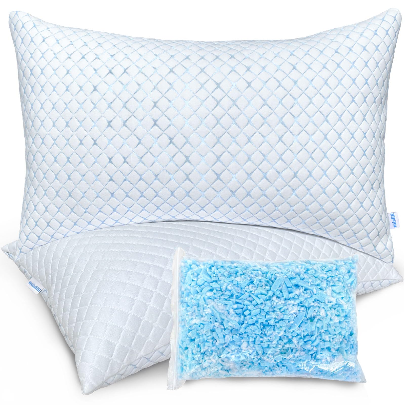 Shredded Memory Foam Pillows Standard/Queen Size Set of 2,Luxury Gel Cooling Bed Pillows 2 Pack for Stomach Back Side Sleeper,Pillows Adjustable Washable Removable Cover,with Extra Fill