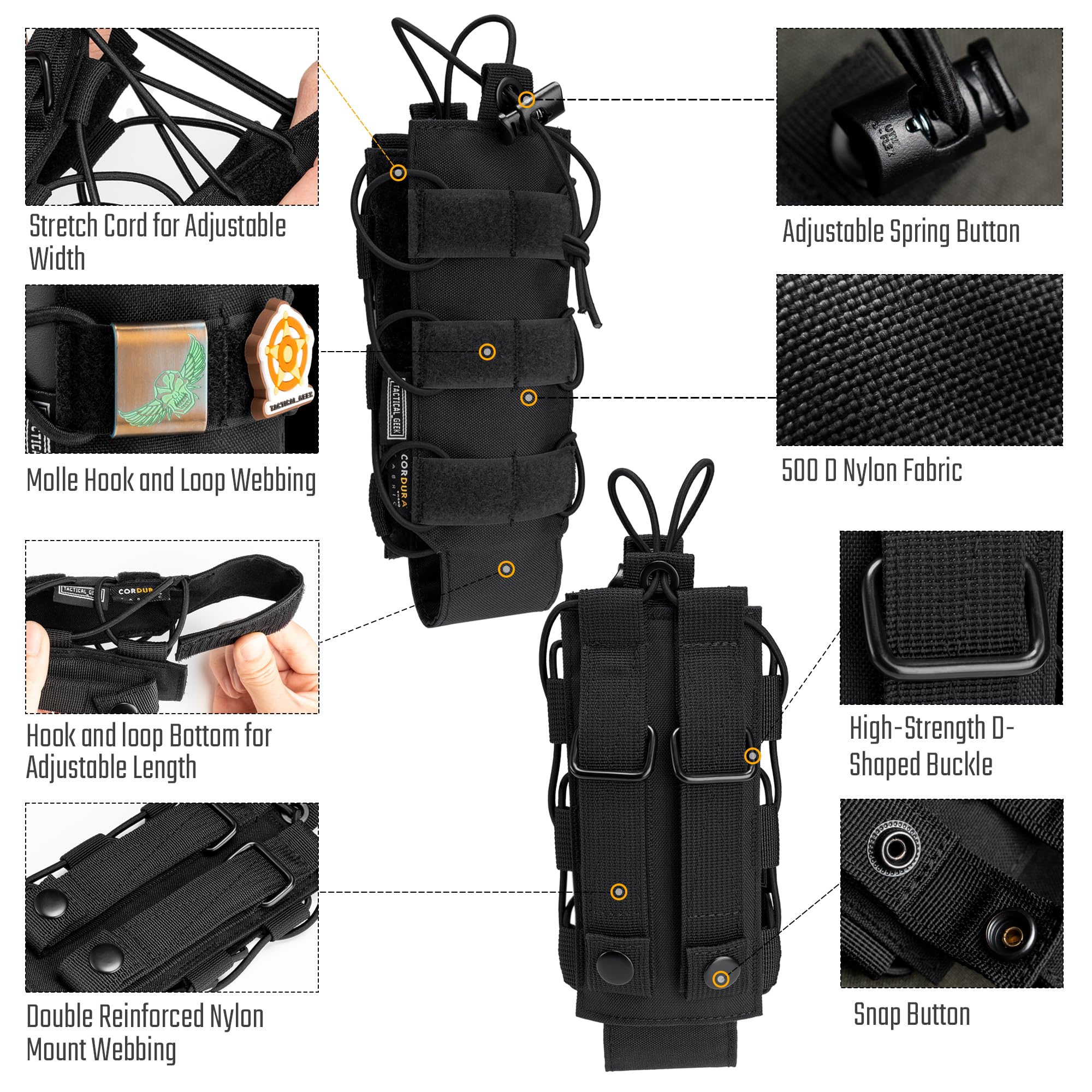 TACTICAL GEEK EXT11 Water Bottle Pouch, Portable Water Bottle Carrier, Drawstring Travel Bottle Holder, Adjustable Outdoor Sports Kettle Carrier Holster, Molle Water Bottle Holder for Backpack (Black)