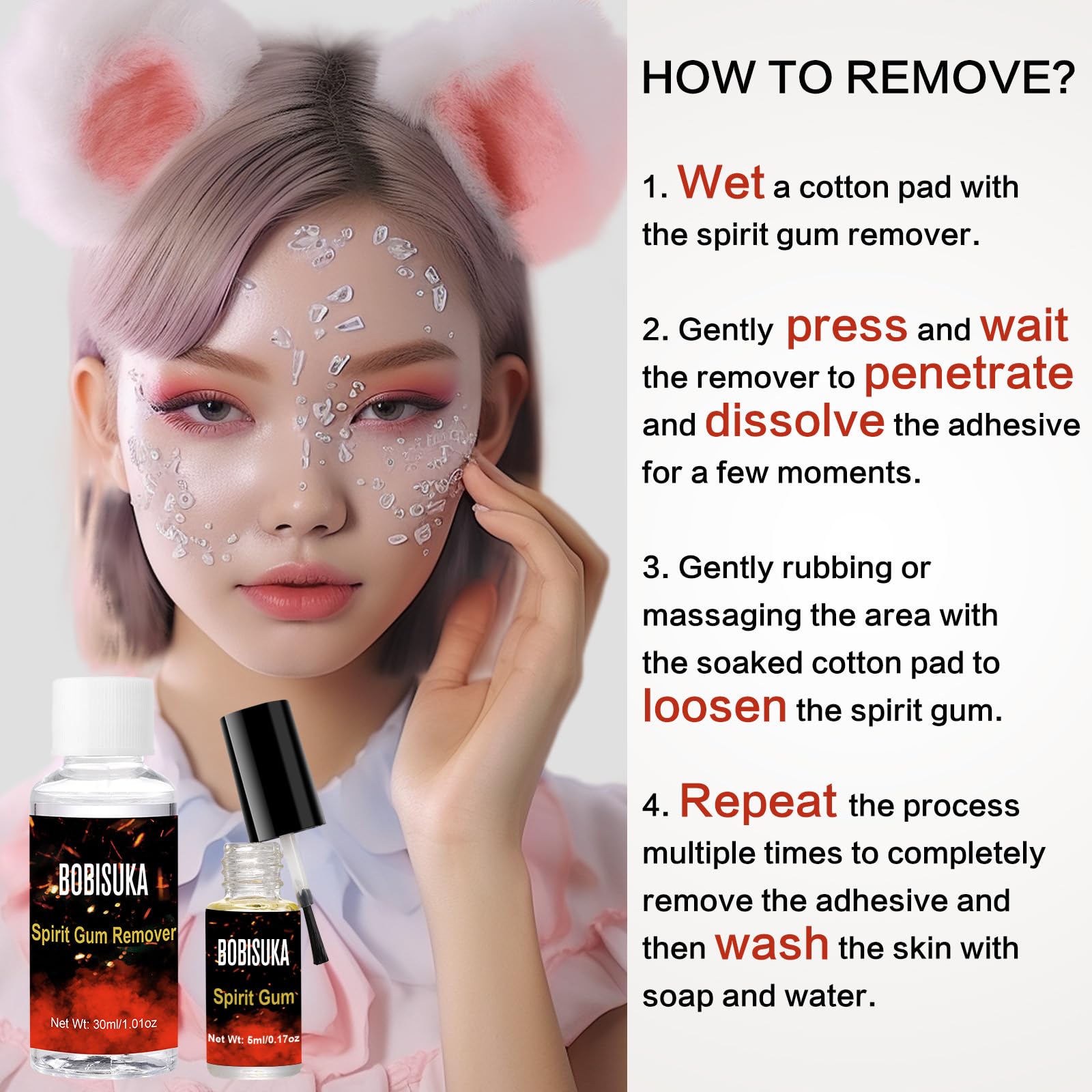 BOBISUKA Spirit Gum Adhesive and Remover Kit - 5ml Spirit Gum & 30ml SFX Makeup Adhesive Remover, Professional Prosthetic Make Up Glue for Halloween, Stage, Cosplay, Special FX (0.17oz + 1.01 oz)