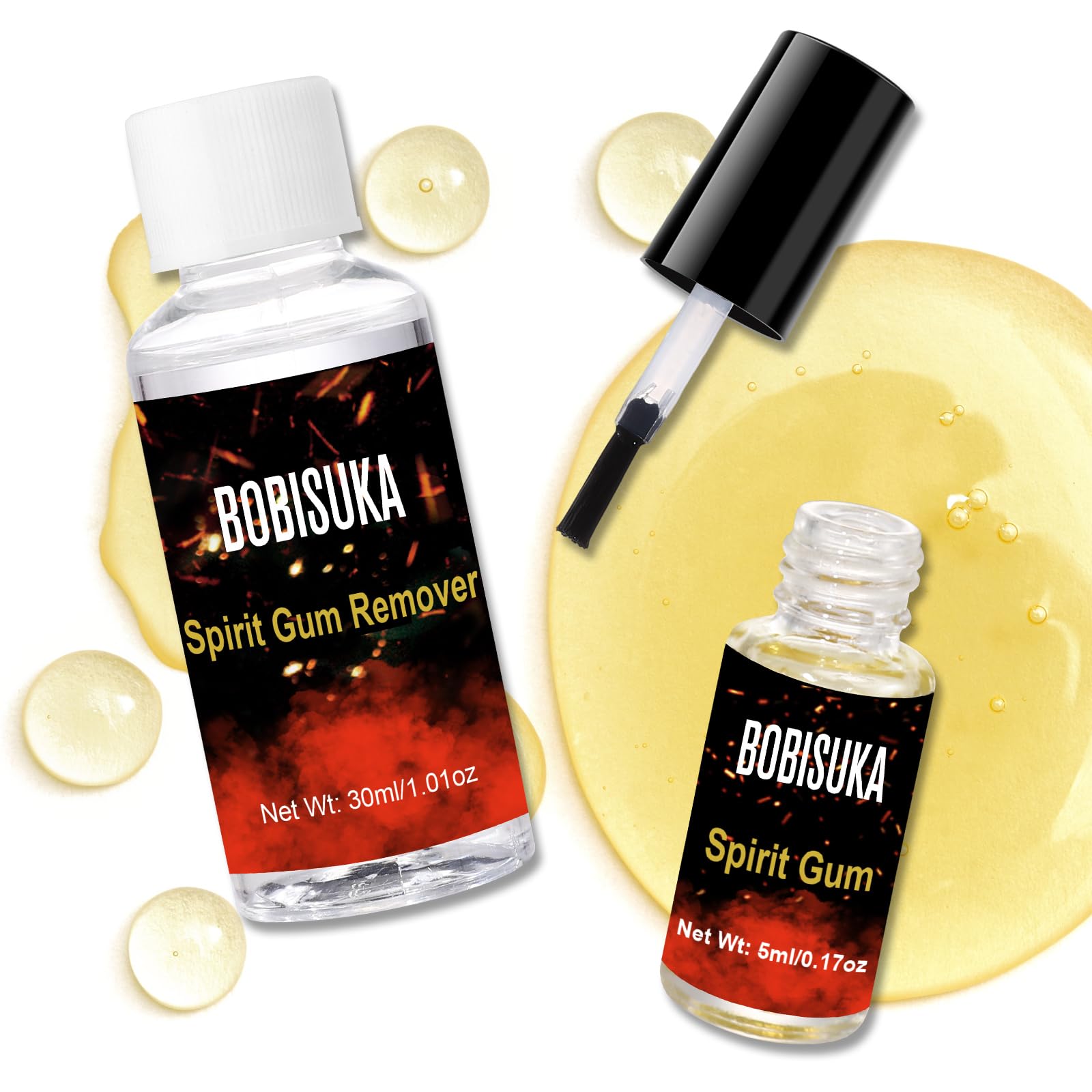 BOBISUKA Spirit Gum Adhesive and Remover Kit - 5ml Spirit Gum & 30ml SFX Makeup Adhesive Remover, Professional Prosthetic Make Up Glue for Halloween, Stage, Cosplay, Special FX (0.17oz + 1.01 oz)