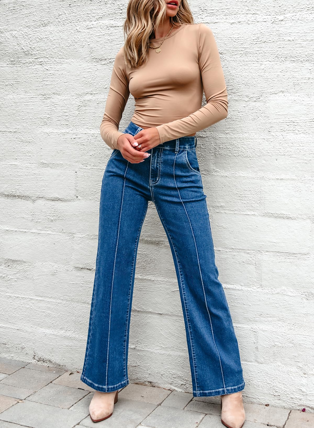 Sidefeel Womens Wide Leg Jeans Casual Baggy High Waisted Stretch Denim Pants Size 8 Blue