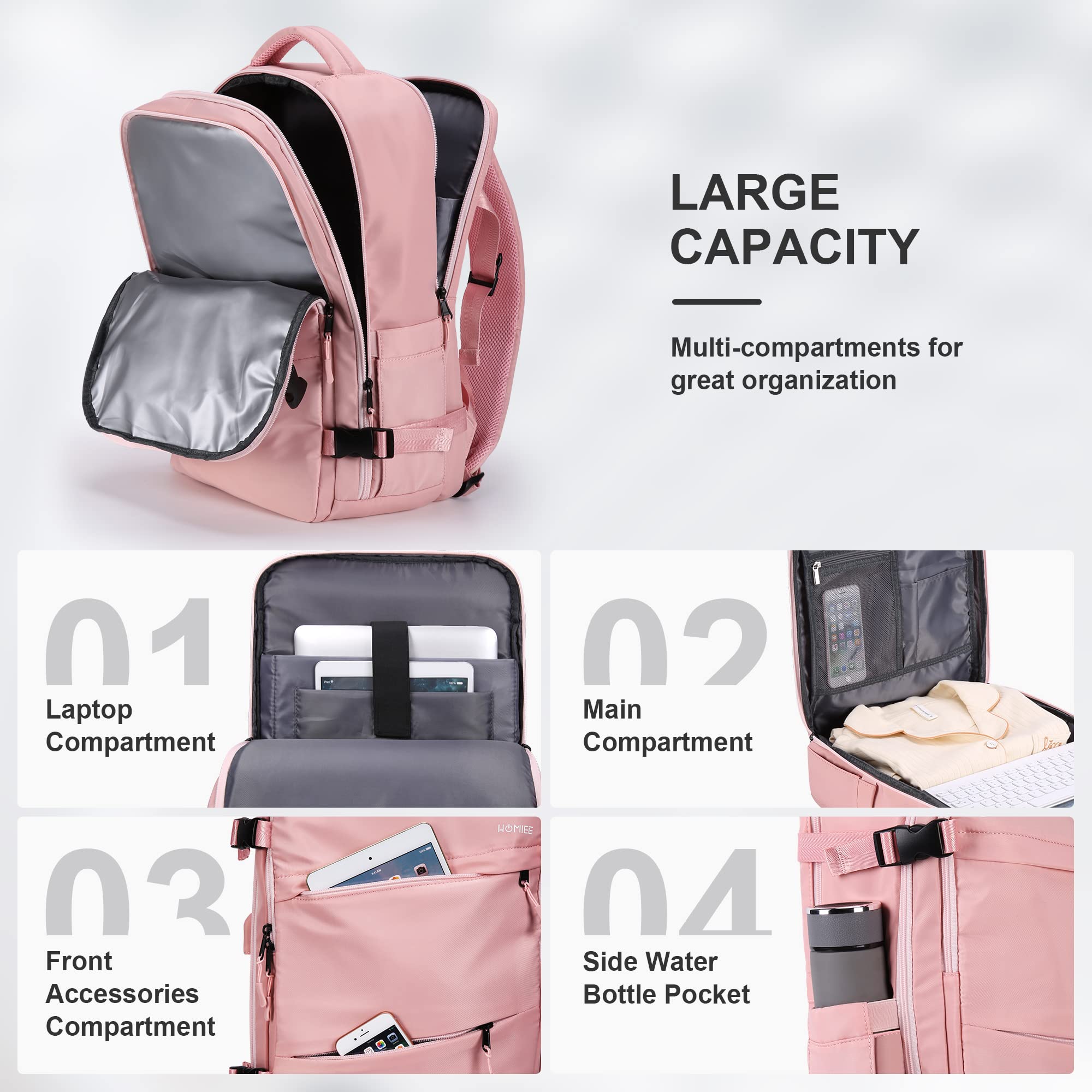 HOMIEE Travel Backpack for Women Airline Approved, 15.6 Inch Laptop Backpack Personal Item Size, Lightweight Carry On Nurse Bag, Pink