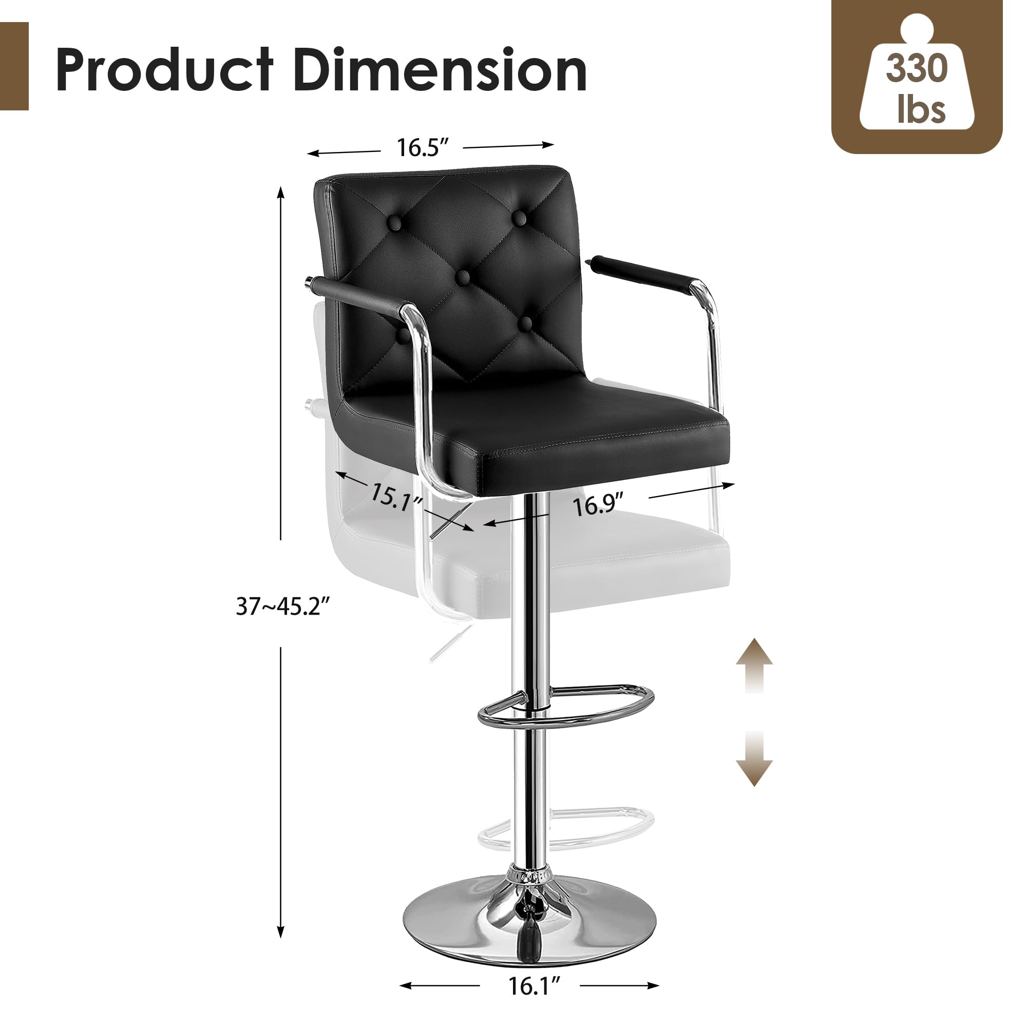 VECELO Bar Stools, Adjustable Bar Stools Set of 2, Counter Height Barstool with Back and Arms, Swivel PU Leather Bar Chairs for Kitchen/Island, Black