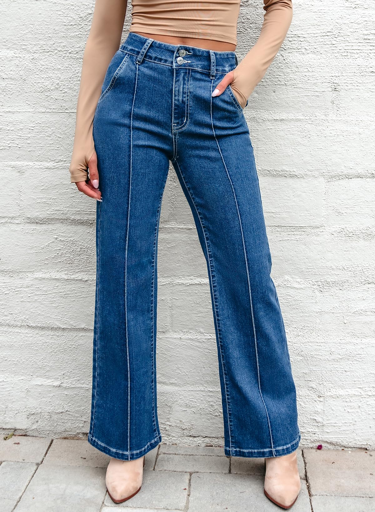 Sidefeel Womens Wide Leg Jeans Casual Baggy High Waisted Stretch Denim Pants Size 8 Blue