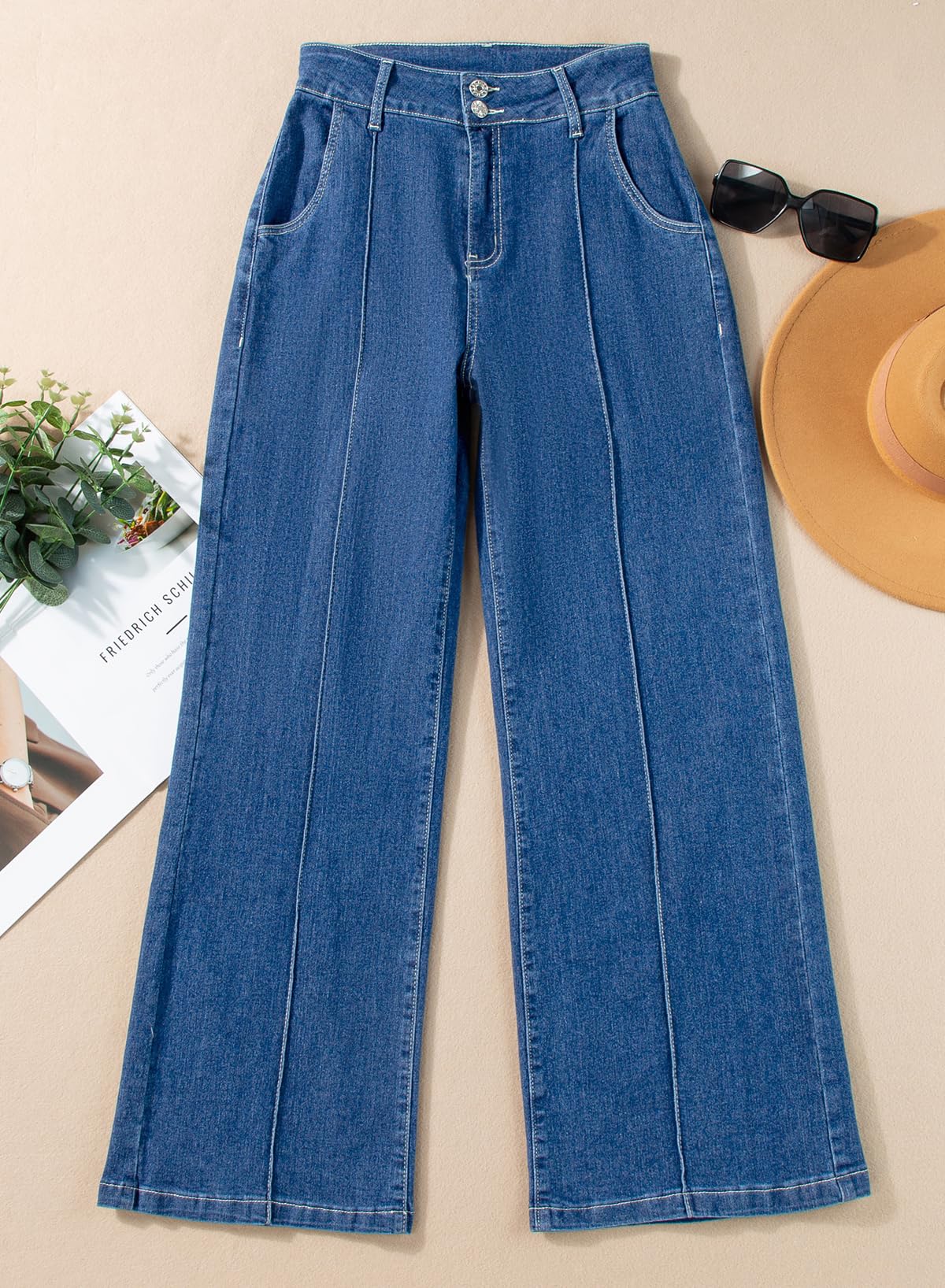 Sidefeel Womens Wide Leg Jeans Casual Baggy High Waisted Stretch Denim Pants Size 8 Blue