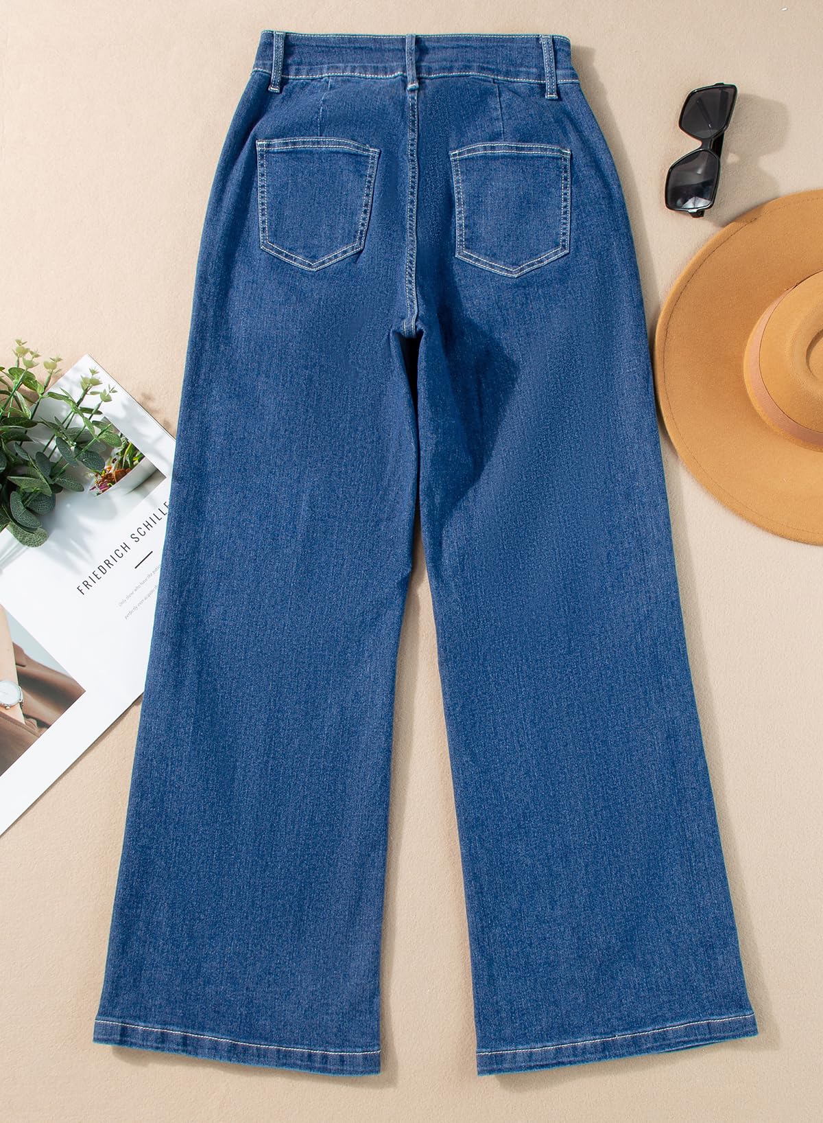 Sidefeel Womens Wide Leg Jeans Casual Baggy High Waisted Stretch Denim Pants Size 8 Blue