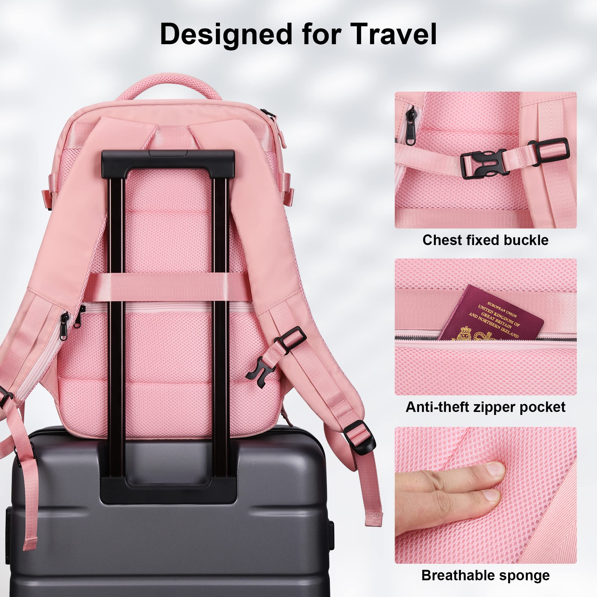 HOMIEE Travel Backpack for Women Airline Approved, 15.6 Inch Laptop Backpack Personal Item Size, Lightweight Carry On Nurse Bag, Pink