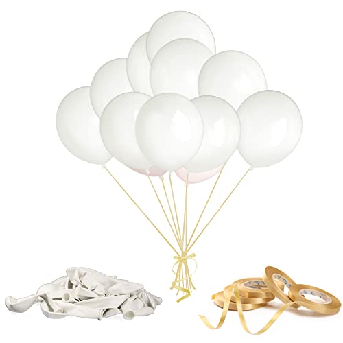 White Balloons - 50-Pcs Set Pearl White Balloons with Gold Ribbon – 12-Inch Large White Balloons for Bridal Shower, Wedding, Baby Shower, Party - White Latex Balloons