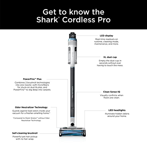 Shark IZ562H Cordless Pro Vacuum with Clean Sense IQ and Odor Neutralizer, PowerFins Plus Brushroll, Includes Duster Crevice & Pet Tool, Up to 40 Minute Runtime, Light Blue, Without MultiFLEX