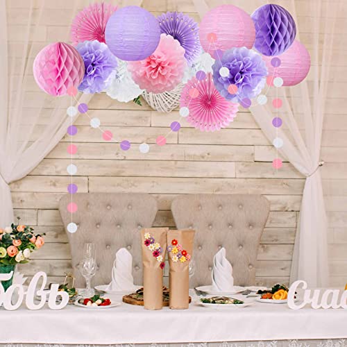 ANSOMO Pink and Purple Party Decorations Paper Fans Lanterns Pom Poms Hanging Wall Décor Bridal Baby Shower Birthday Wedding