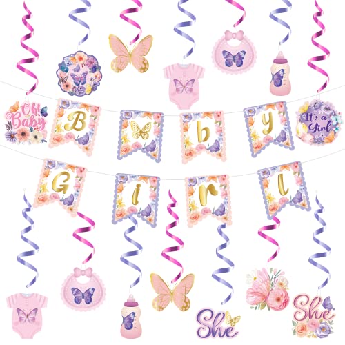 JAPBOR 21PCS Butterfly Baby Shower Hanging Swirls Decorations for Girl, Floral Butterfly Baby Girls Gender Reveal Party Banner Set, It's a Girl Birthday Purple Pink Butterflies Hang Decor Supplies