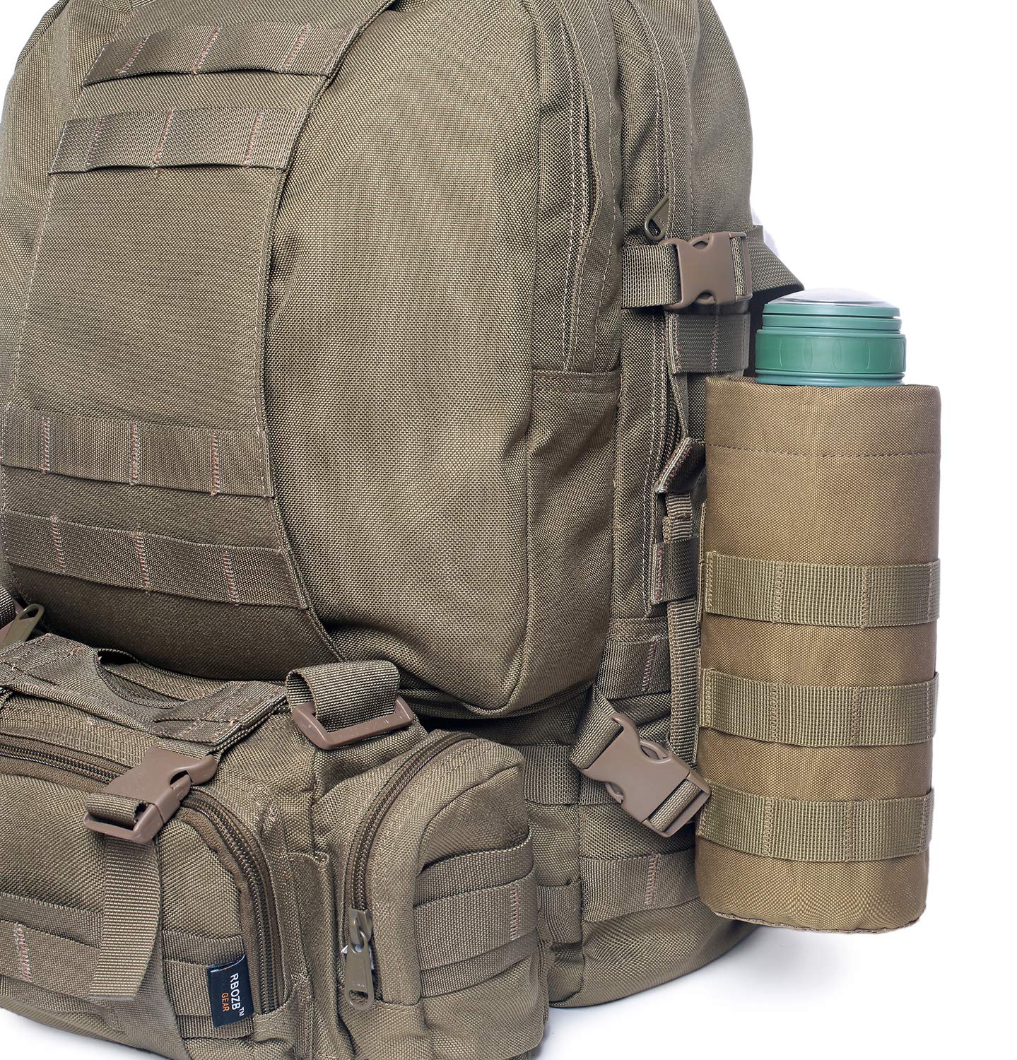 Tactical Molle Water Bottle Pouch Military Drawstring Open Top & Mesh Bottom Travel Water Bottle Holder Bag Tactical Hydration Carrier (Tan)