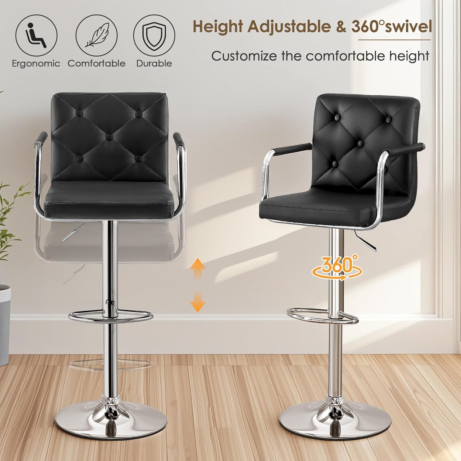 VECELO Bar Stools, Adjustable Bar Stools Set of 2, Counter Height Barstool with Back and Arms, Swivel PU Leather Bar Chairs for Kitchen/Island, Black