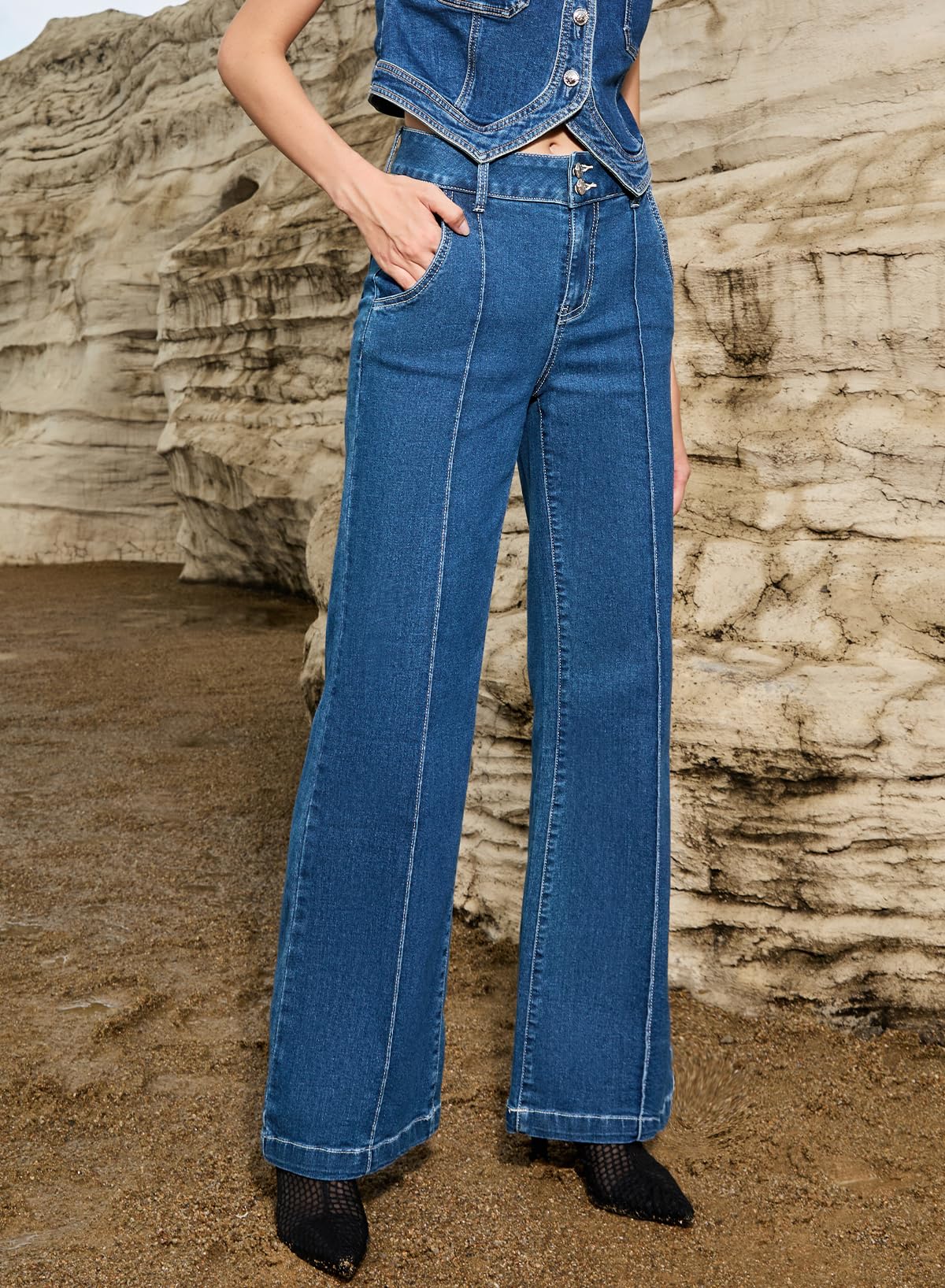 Sidefeel Womens Wide Leg Jeans Casual Baggy High Waisted Stretch Denim Pants Size 8 Blue
