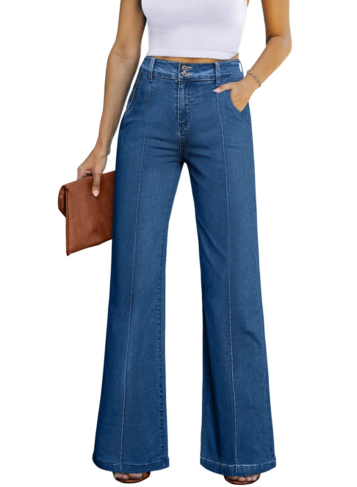 Sidefeel Womens Wide Leg Jeans Casual Baggy High Waisted Stretch Denim Pants Size 8 Blue